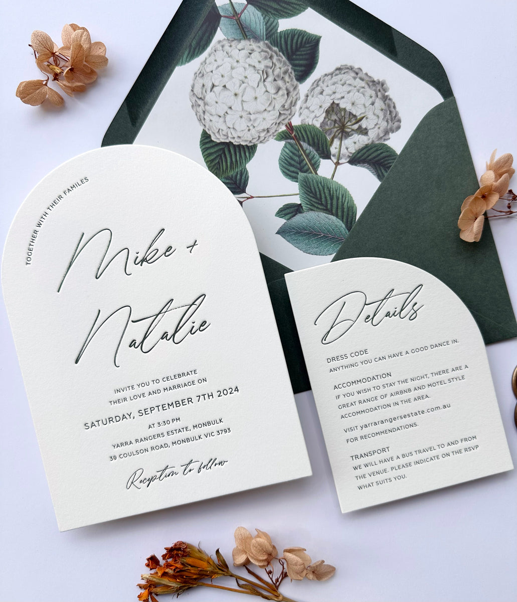 Letterpress Arch Shape Wedding Invitation in Green – LittleBridgeDesign