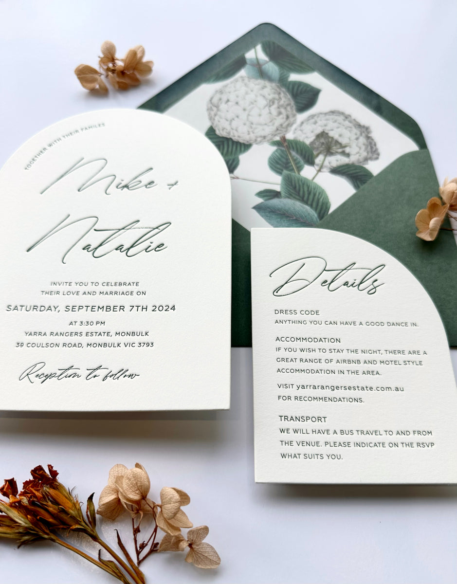 Letterpress Arch Shape Wedding Invitation in Green – LittleBridgeDesign