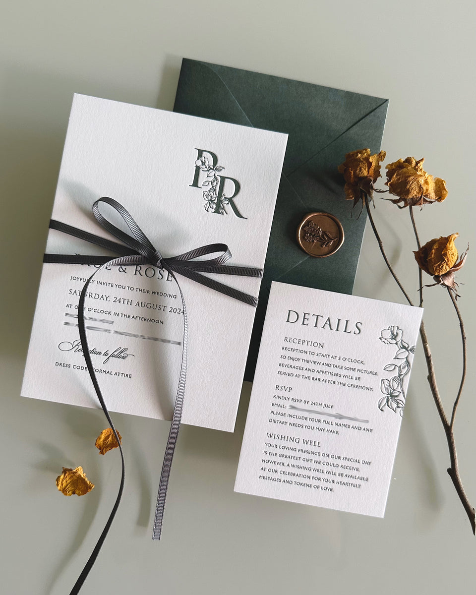 LETTERPRESS Floral Monogram Invitation in Olive Green – LittleBridgeDesign