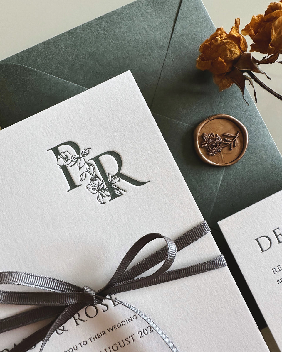 LETTERPRESS Floral Monogram Invitation in Olive Green – LittleBridgeDesign