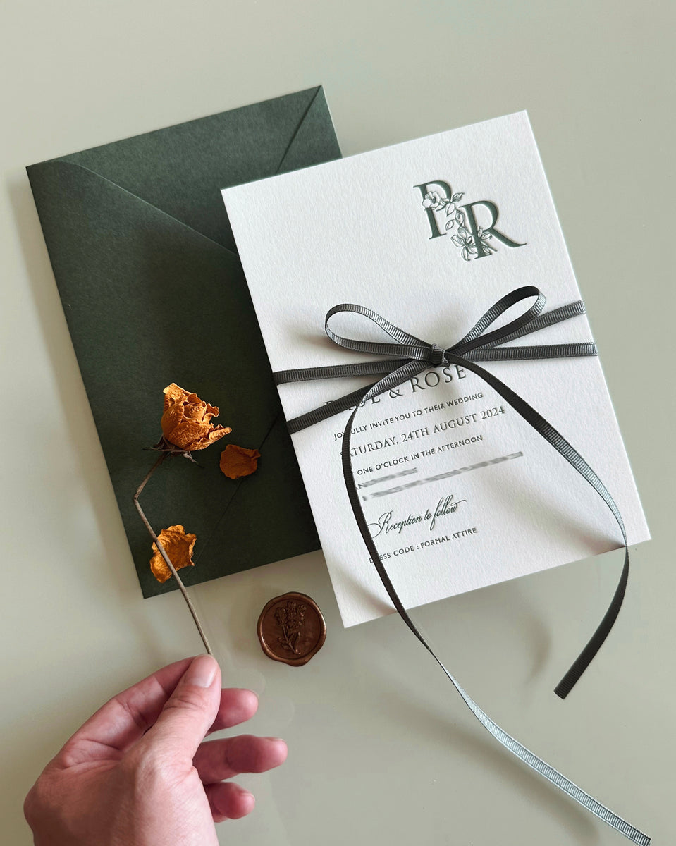 LETTERPRESS Floral Monogram Invitation in Olive Green – LittleBridgeDesign